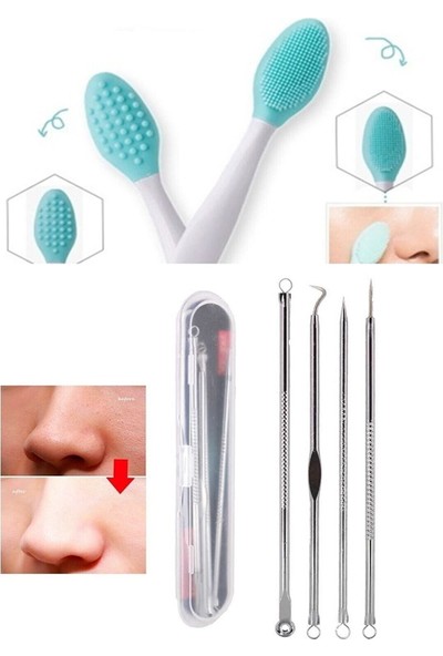 Kitchen Beauty 4 Parça Kutulu Paslanmaz Çelik Komedon + Siyah Nokta Temizleyici Dudak Peeling Fırçası
