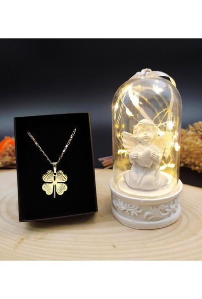 VegaGiftShop Masum Melek Işıklı Fanus & Gold Yonca Kolye Hediye Seti