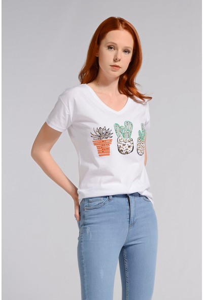 Nefise Baskılı Taşlı V Yaka Penye T - Beyaz