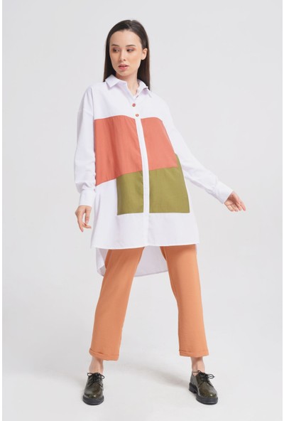 Nefise Arkası Uzun Önü Garnili Dokuma Gömlek - Beyaz-Kiremit Nefise Arkası Uzun Önü Garnili Dokuma Gömlek - Beyaz-Kiremit