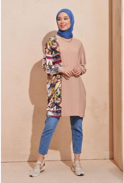 Nefise Desenli Önü Cepli Sandy Tunik - Bej