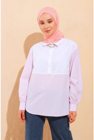 Nefise Dokuma Kısa Gömlek - Beyaz-Pembe