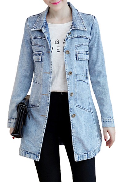 Farfi Kadın Vonluxe Yumuşak Tek Göğüslü Uzun Denim Ceket (Yurt Dışından)
