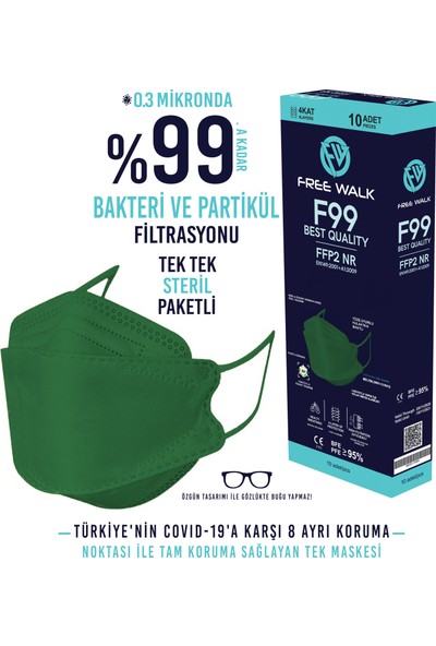 Free Walk Kore Tipi F99-F95 Best Quality KF94 Free Walk Maske Yeşil 1 kutu 10 Adet Free Walk Kore Tipi F99-F95 Best Quality KF94 Free Walk Maske Yeşil 1 kutu 10 Adet