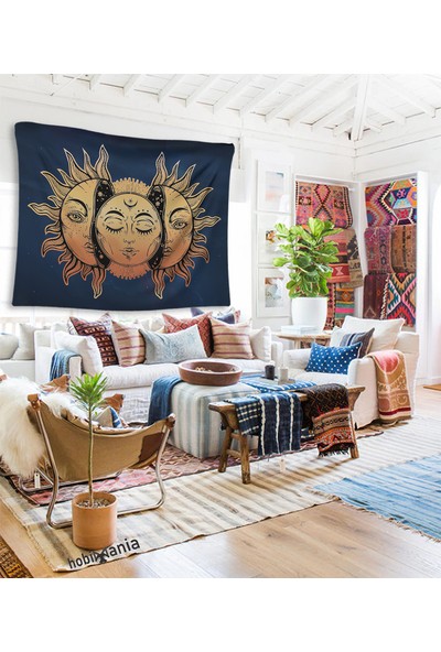 Hobimania Duvar Örtüsü Tapestry Lacivert ve Sarı Güneş ve Ay Duvar Örtüsü 150X100 cm Sun And Moon Duvar Dekorasyon Moda