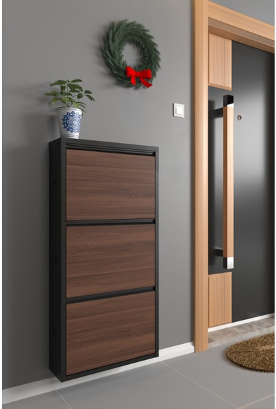 Pappuchbox 3'lü Metal Ayakkabılık Siyah Koyu Desenli Antibakteriyel Hava Kanallı