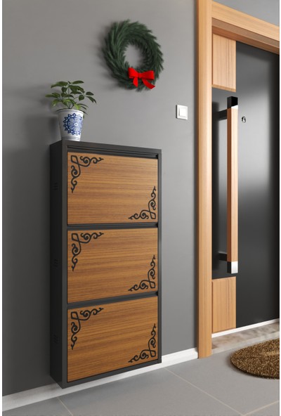 Pappuchbox 3'lü Metal Ayakkabılık Siyah Köşe Işlemeli Antibakteriyel Hava Kanallı