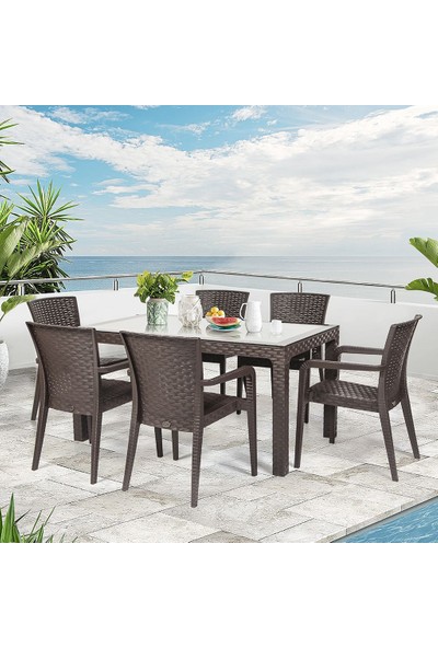 Rainbow 80*140 Rattan Camlı Masa Kahverengi