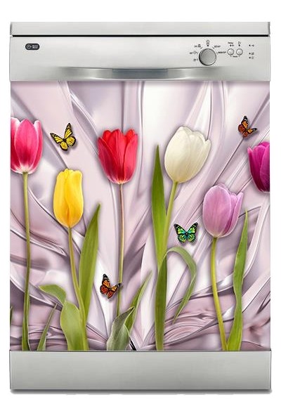 Sticker Art Bulaşık Makinesi Sticker Kaplama Beyaz Eşya Kaplama Lale Kelebek