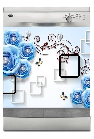 Sticker Art Bulaşık Makinesi Sticker Kaplama Beyaz Eşya Kaplama Mavi Gül
