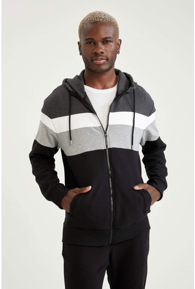 DeFacto Comfort Fit Kapüşonlu Renk Bloklu Fermuarlı Hırka V3853AZ21AU
