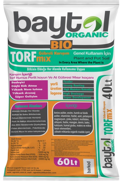 Baytol Mix 60 Lt Organik Bitki ve Saksı Toprağı Gübreli Karışım Torf Baytol Mix 60 Lt Organik Bitki ve Saksı Toprağı Gübreli Karışım Torf