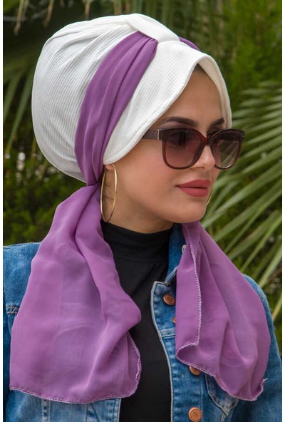 Aişe Tesettür Beyaz Lila Şapkalı Bone