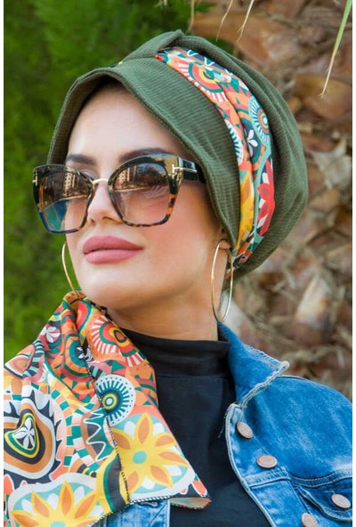 Aişe Tesettür Haki Rengarenk Şapka Bone