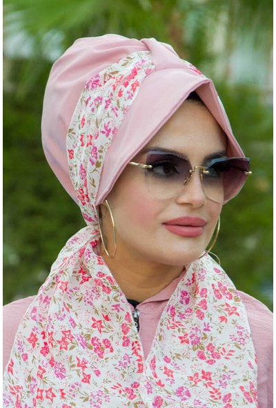 Aişe Tesettür Pudra Çiçekli Fularlı Şapka Bone