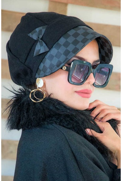 Aişe Tesettür Siyah Gri Deri Detaylı Şapka Bone