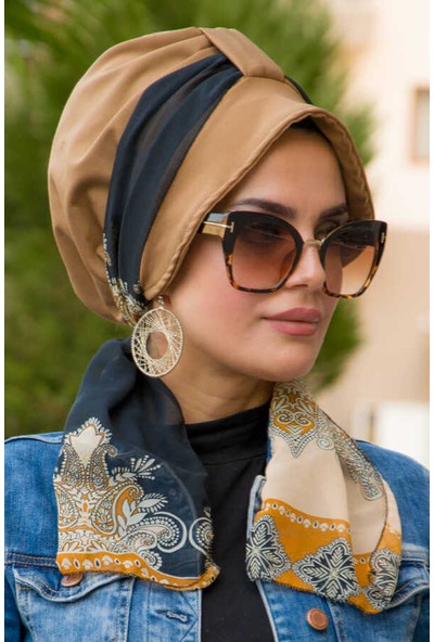 Aişe Tesettür Camel Etnik Şapkalı Bone