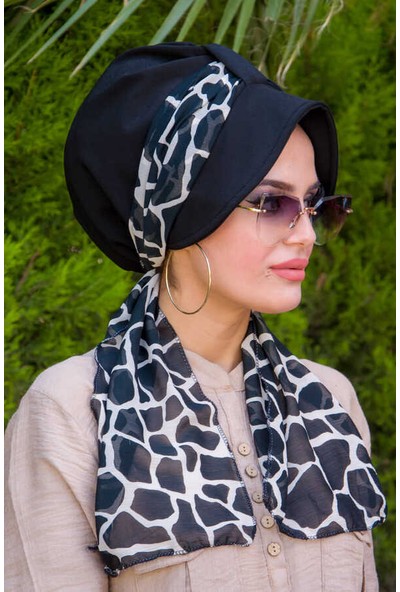 Aişe Tesettür Siyah Mermer Şapkalı Bone