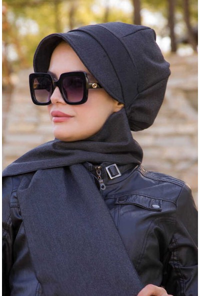 Aişe Tesettür Antrasit Atkılı Şapka