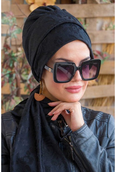 Aişe Tesettür Siyah Jakarlı Atkılı Bone