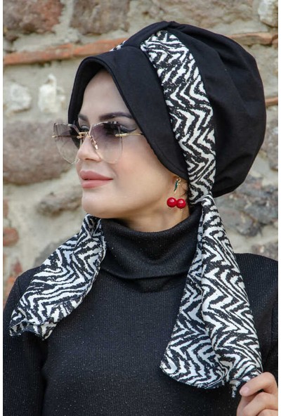 Aişe Tesettür Siyah Beyaz Fularlı Şapka Bone Aişe Tesettür Siyah Beyaz Fularlı Şapka Bone