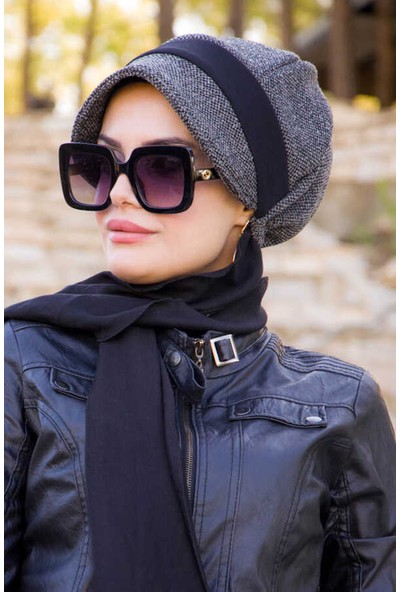 Aişe Tesettür Siyah Füme Atkılı Şapka