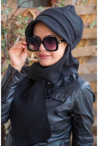 Aişe Tesettür Siyah Kaşe Atkılı Şapka