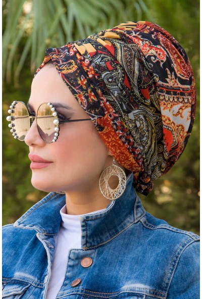 Aişe Tesettür Bordo Siyah Etnik Desen Tokalı Bone