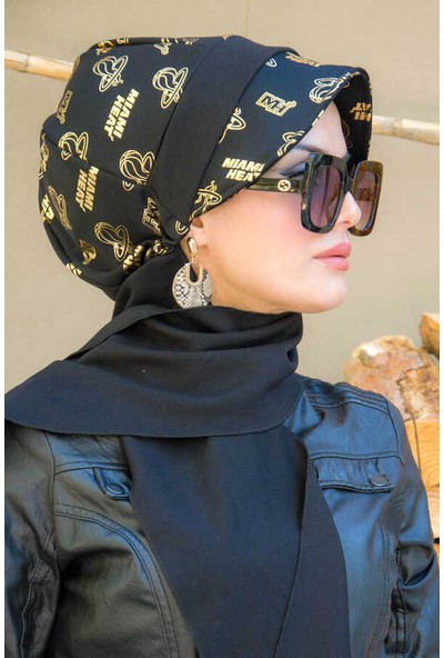 Aişe Tesettür Siyah Gold Atkılı Şapka