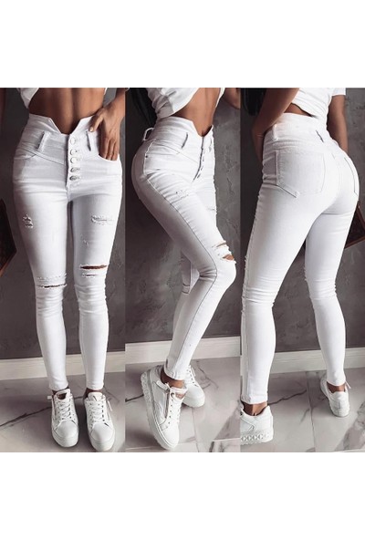 Rengamoda Yüksek Bel Düğme ve Yırtık Detaylı Kot Pantolon Jean 92CM Rengamoda Yüksek Bel Düğme ve Yırtık Detaylı Kot Pantolon Jean 92CM