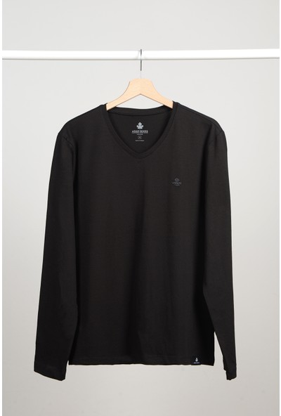Adam Boxes V Yaka Uzun Kollu Erkek T-Shirt N-Trelargo Siyah
