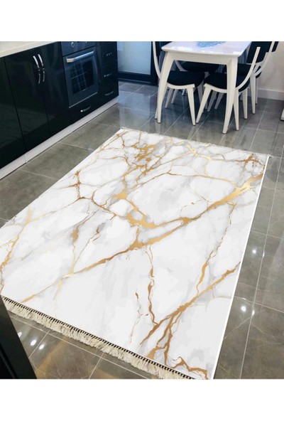 STY Home Beyaz Gold Kaymaz Tabanlı Yıkanabilir Halı Kilim Yolluk Mablet