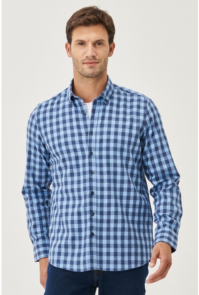 Ac&Co / Altınyıldız Classics Erkek Mavi-Lacivert Slim Fit Dar Kesim Düğmeli Yaka Flanel Oduncu Gömlek Ac&Co / Altınyıldız Classics Erkek Mavi-Lacivert Slim Fit Dar Kesim Düğmeli Yaka Flanel Oduncu Gömlek