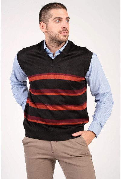 Giyim Dünyası Erkek V Yaka Çizgili Süveter Siyah