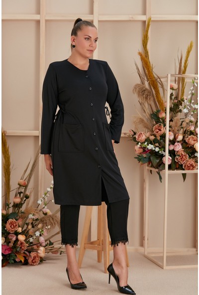 Rmg Bel Bağcık Detaylı Siyah Büyük Beden Hırka