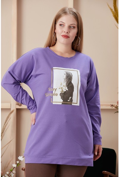 Rmg Baskılı Büyük Beden Eflatun Sweatshirt