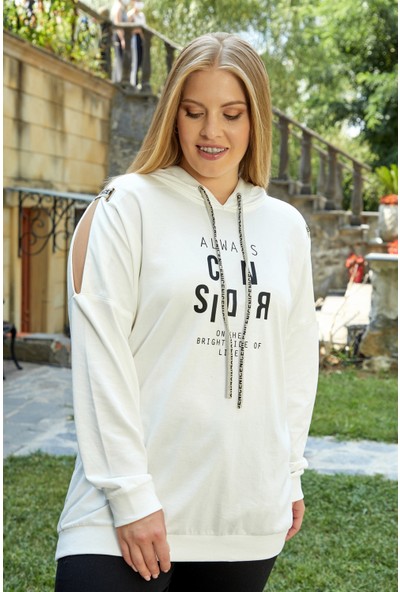 Rmg Baskılı Omuz Detaylı Büyük Beden Beyaz Sweatshirt