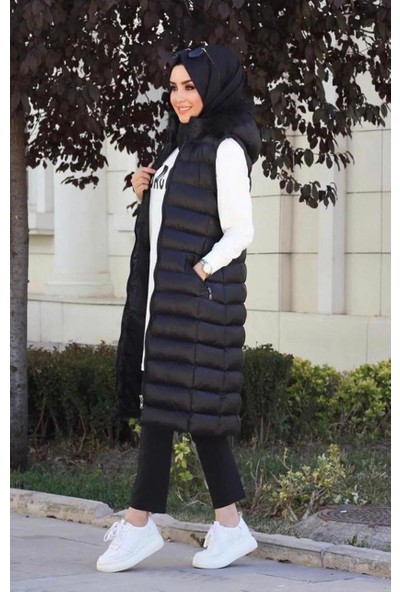 Modatalika Kadın Kapişonlu Uzun Şişme Yelek