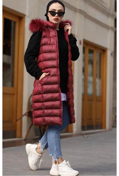 Modatalika Kadın Kapişonlu Uzun Şişme Yelek