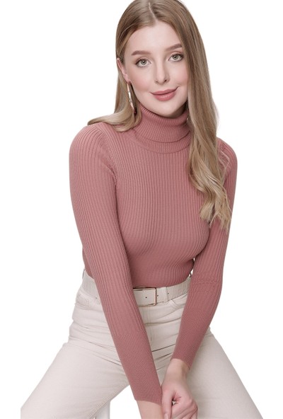 Butikburuc Kadın Gül Kurusu Tam Balıkçı Yaka Kazak