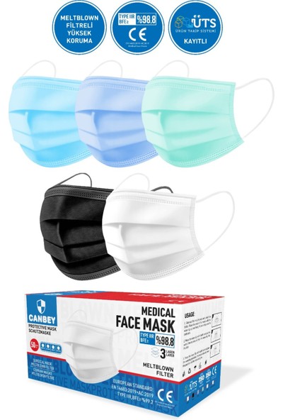 Canbey Yetişkin Cerrahi Maske 50 Adet 5 Farklı Renk Tek Kutuda Meltblownlu 3 Katlı Canbey Yetişkin Cerrahi Maske 50 Adet 5 Farklı Renk Tek Kutuda Meltblownlu 3 Katlı