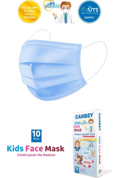 Canbey 50 Adet (5 Kutu) Çocuk Medikal Maske Mavi Renk Meltblownlu 3 Katlı Canbey 50 Adet (5 Kutu) Çocuk Medikal Maske Mavi Renk Meltblownlu 3 Katlı