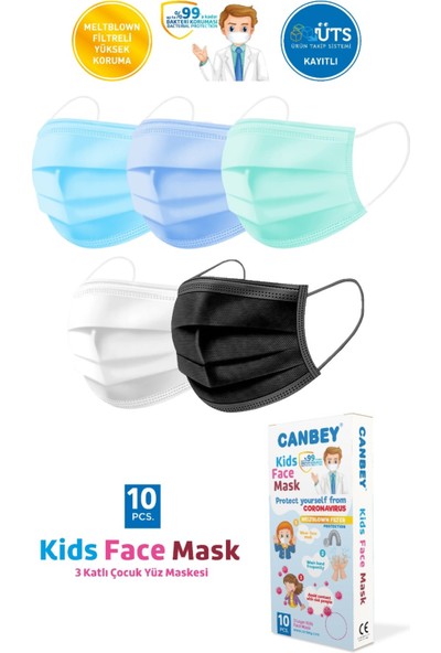 Canbey 50 Adet (5 Kutu) Erkek Çocuk Medikal Maske 5 Farklı Renk Meltblownlu 3 Katlı Canbey 50 Adet (5 Kutu) Erkek Çocuk Medikal Maske 5 Farklı Renk Meltblownlu 3 Katlı