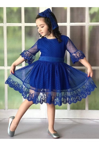 Riccotarz Kız Çocuk Prenses Güpürlü Saks Elbise