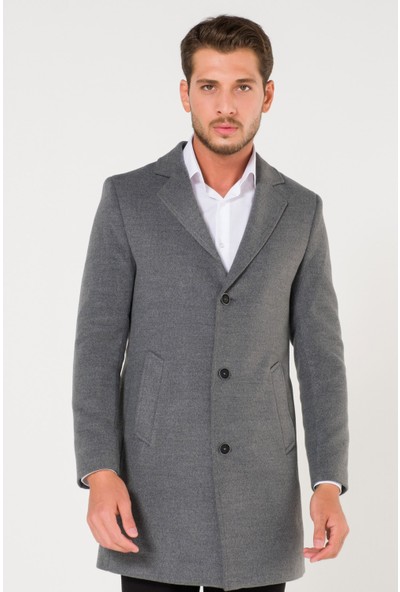 AtakGiyim V Yaka Kışlık Düz Gri Kaşe Kaban