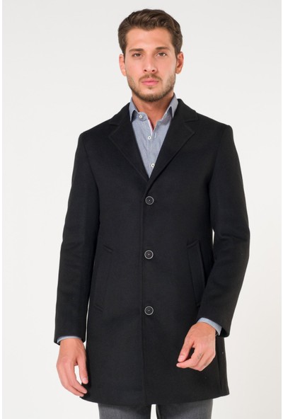 AtakGiyim V Yaka Kışlık Siyah Kaşe Kaban