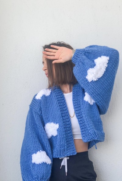 Organic Mira Kadın Bulutlu Oversize Mavi Hırka Örgü Bulut Desenli Hırka