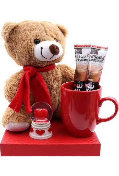VegaGiftShop Atkılı Peluş Ayı & Kırmızı Kupa & Kalp Kar Küresi & 2'li Nescafe Cappucino Hediye Seti VegaGiftShop Atkılı Peluş Ayı & Kırmızı Kupa & Kalp Kar Küresi & 2'li Nescafe Cappucino Hediye Seti