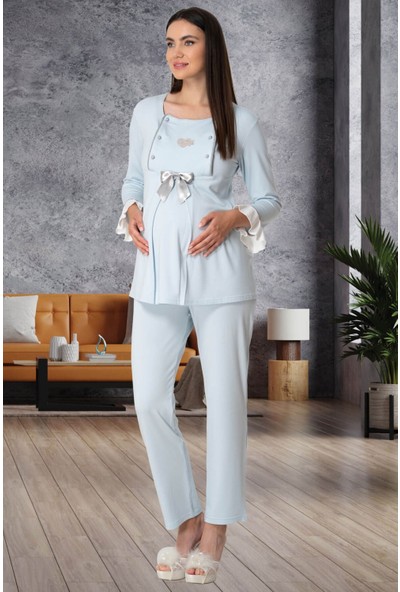 Şık Mecit Mavi Emzirme Özellikli Lohusa Pijama Takımı Şık Mecit Mavi Emzirme Özellikli Lohusa Pijama Takımı