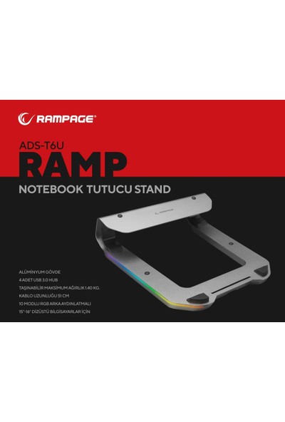 Rampage ADS-T6U Ramp 4 Adet USB 3,0 Hub ile Rgb Işıklı Alüminyum Dizüstü Bilgisayar Standı Rampage ADS-T6U Ramp 4 Adet USB 3,0 Hub ile Rgb Işıklı Alüminyum Dizüstü Bilgisayar Standı